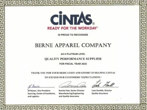 Berne Apparel receives Cintas Quality Performance Supplier Award for ...